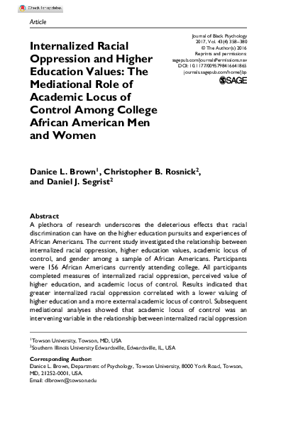 (PDF) Internalized Racial Oppression and Higher Education Values