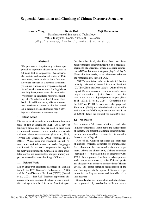 (PDF) Sequential Annotation and Chunking of Chinese Discourse Structure