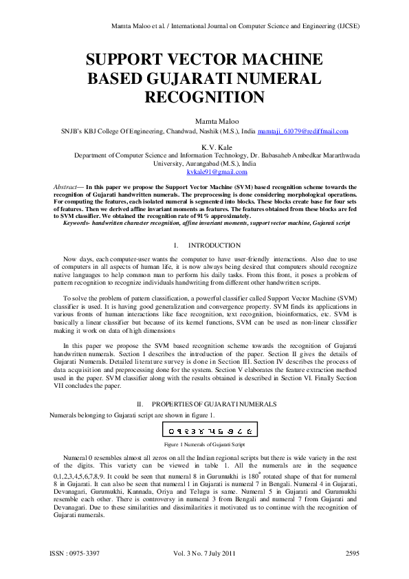 Pdf Support Vector Machine Based Gujarati Numeral Recognition