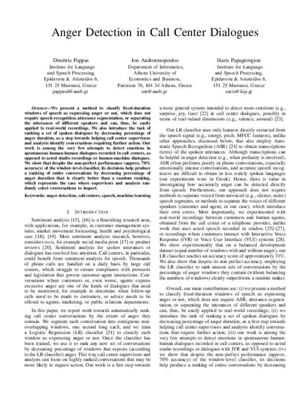 (PDF) Anger detection in call center dialogues