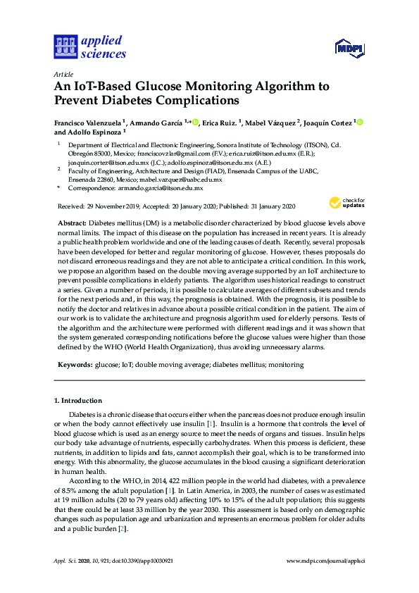 Pdf An Iot Based Glucose Monitoring Algorithm To Prevent Diabetes