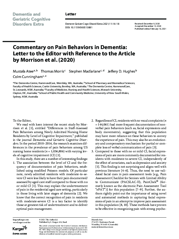 (PDF) Commentary on Pain Behaviors in Dementia: Letter to the Editor ...