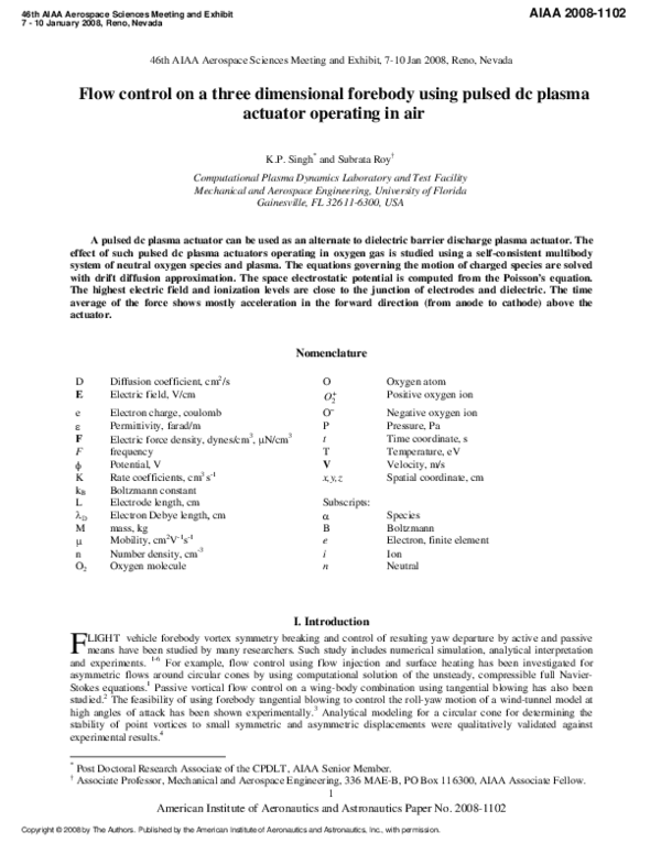 (PDF) Flow control on a three dimensional forebody using pulsed dc ...