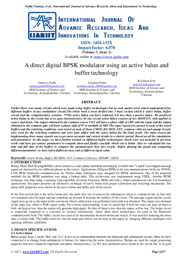 Pdf A Direct Digital Bpsk Modulator Using An Active Balun And Buffer Technology