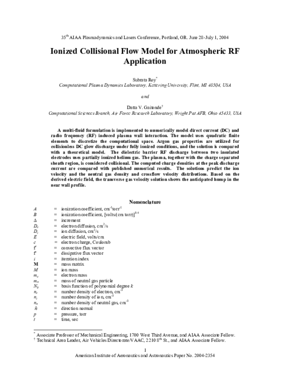 (PDF) Ionized Collisional Flow Model for Atmospheric RF Application