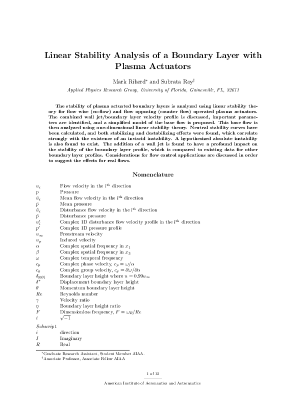 (PDF) Linear Stability Analysis of a Boundary Layer with Plasma Actuators