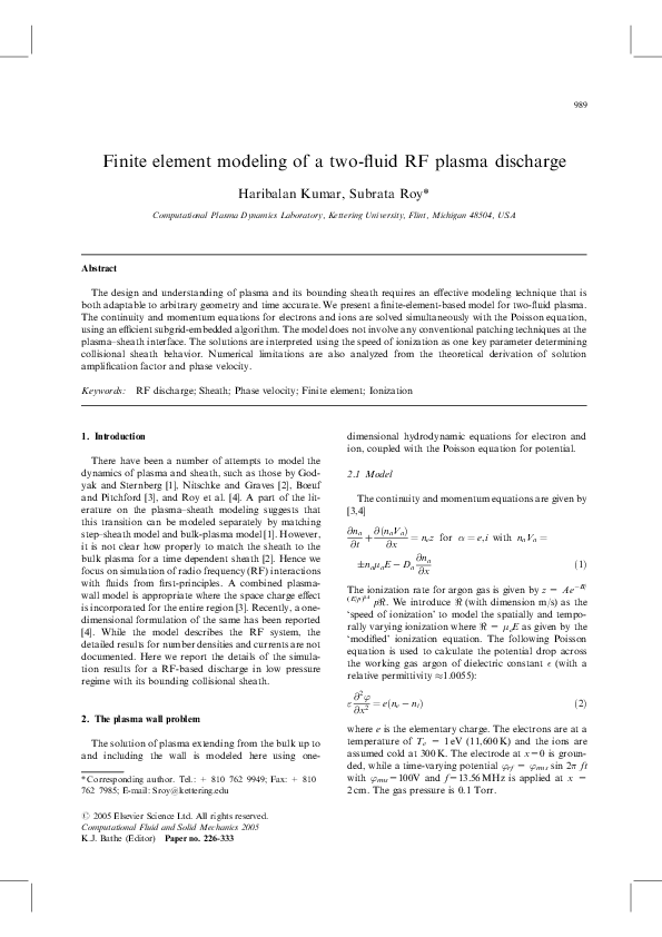 (PDF) Finite element modeling of a two-fluid RF plasma discharge