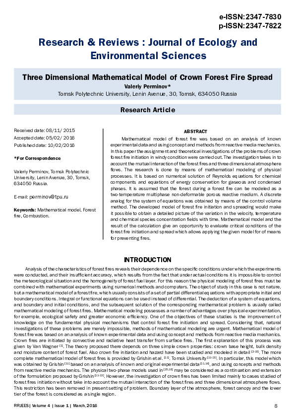 (PDF) Three Dimensional Mathematical Model of Crown Forest Fire Spread