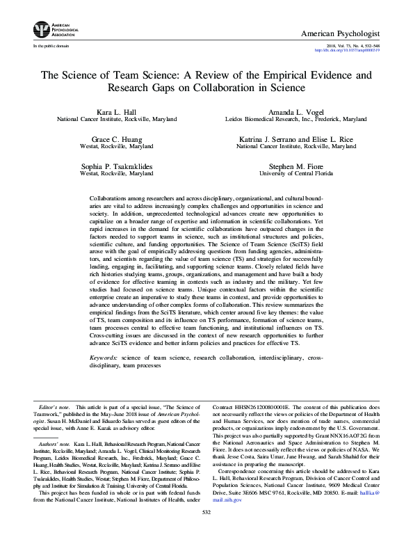 (PDF) The science of team science: A review of the empirical evidence ...