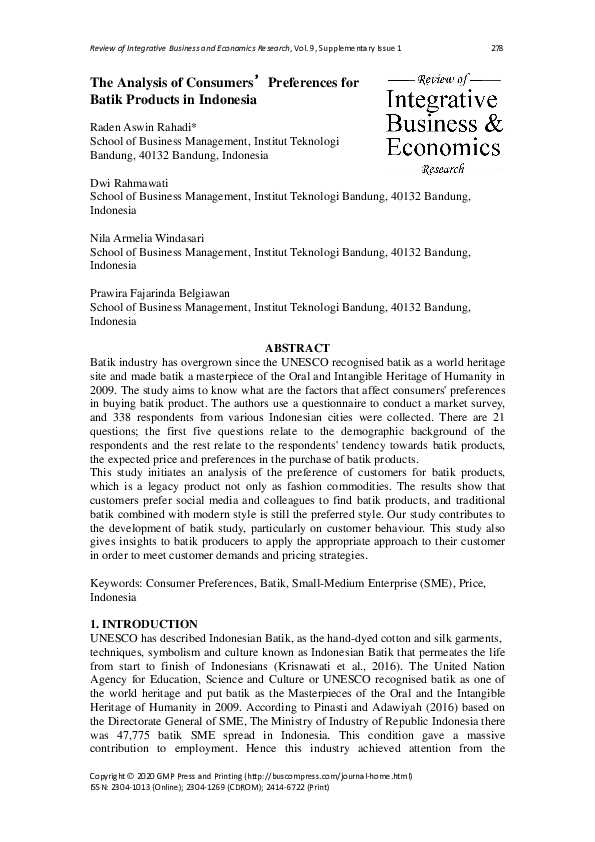 (PDF) The Analysis of Consumers ’ Preferences for Batik Products in Indonesia