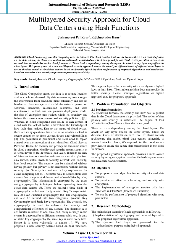 (PDF) Multilayered Security Approach for Cloud Data Centers using Hash Functions