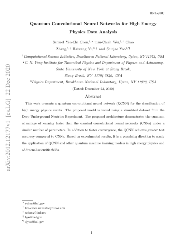 (PDF) Quantum Convolutional Neural Networks for High Energy Physics Data Analysis
