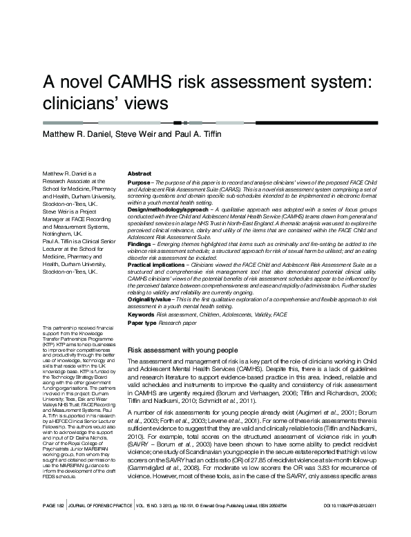(PDF) A novel CAMHS risk assessment system: clinicians’ views