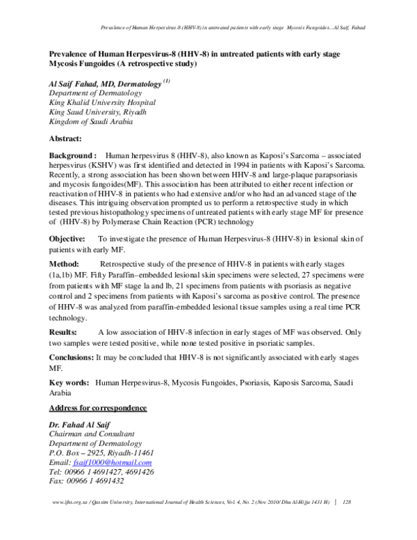 (PDF) Prevalence of Human Herpesvirus-8 (HHV-8) in untreated patients ...