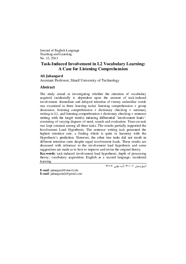 (PDF) Task-induced involvement in L2 vocabulary learning: A case for ...
