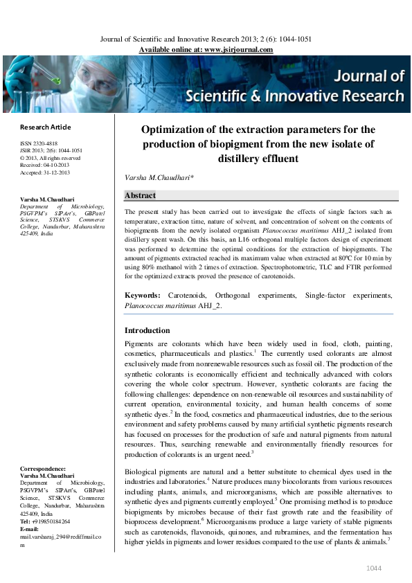 Pdf Optimization Of The Extraction Parameters For The Production Of