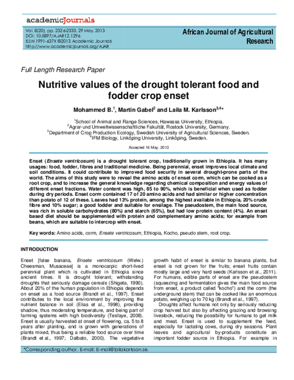 (PDF) Nutritive values of the drought tolerant food and fodder crop enset