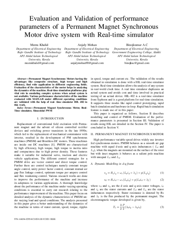 (PDF) Evaluation and Validation of performance parameters of a Permanent Magnet Synchronous ...
