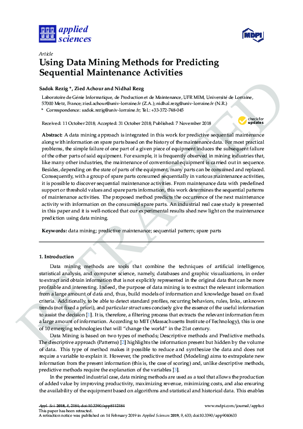 (PDF) Using Data Mining Methods for Predicting Sequential Maintenance Activities | nidhal rezg ...