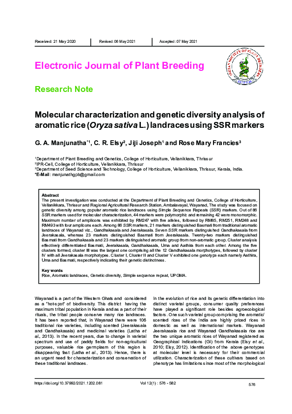 (PDF) Molecular characterization and genetic diversity analysis of aromatic rice (Oryza sativa L ...