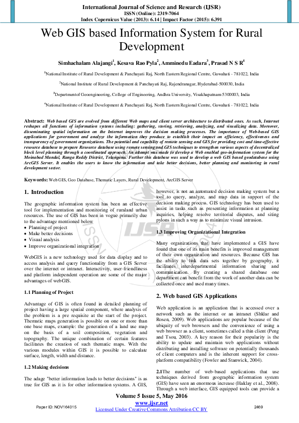 (PDF) Web GIS based Information System for Rural Development | SIMHACHALAM ALAJANGI - Academia.edu