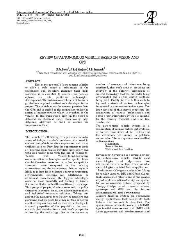 (PDF) Review of Autonomous Vehicle Based on Vision and GPS