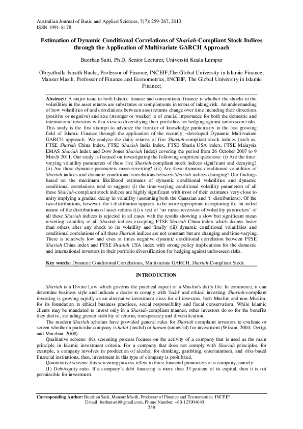 (PDF) Estimation of Dynamic Conditional Correlations of Shariah-Compliant Stock Indices through ...