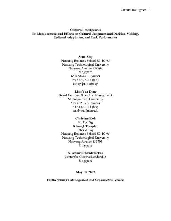(PDF) Cultural Intelligence 1 Cultural Intelligence: Its Measurement ...