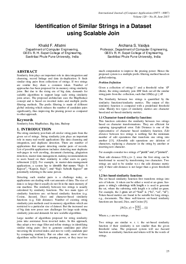 Pdf Identification Of Similar Strings In A Dataset Using Scalable