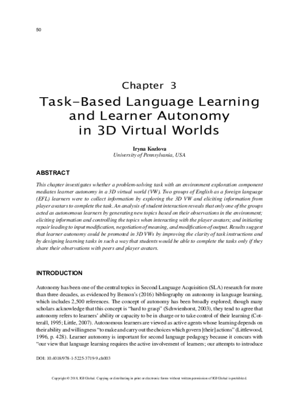 (PDF) Task-Based Language Learning and Learner Autonomy in 3D Virtual Worlds