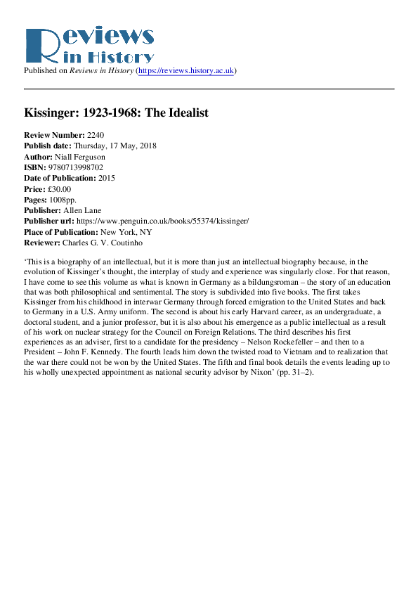 (PDF) Review of 'Kissinger: 1923-1968: The Idealist