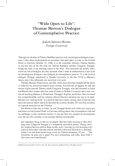 (PDF) “Wide Open to Life”: Thomas Merton’s Dialogue of Contemplative ...