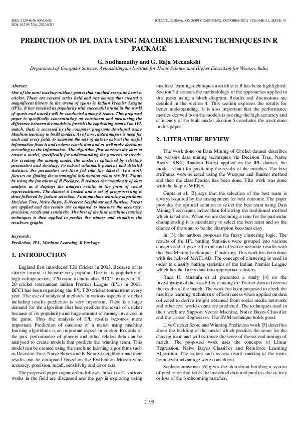 (PDF) Prediction on Ipl Data Using Machine Learning Techniques in R Package
