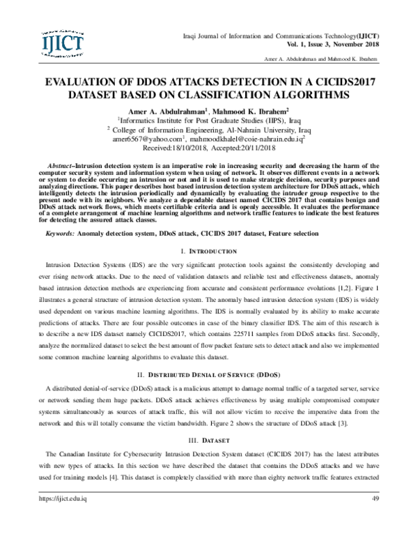 Pdf Evaluation Of Ddos Attacks Detection In A Cicids2017 Dataset Based On Classification
