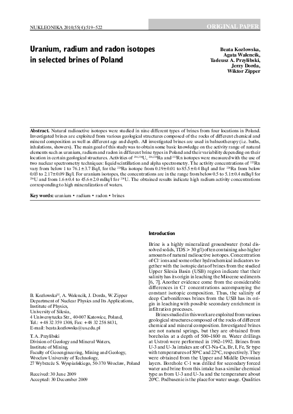 (PDF) Uranium, radium and radon isotopes in selected brines of Poland