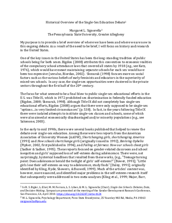 (PDF) Historical overview of the single-sex education debate