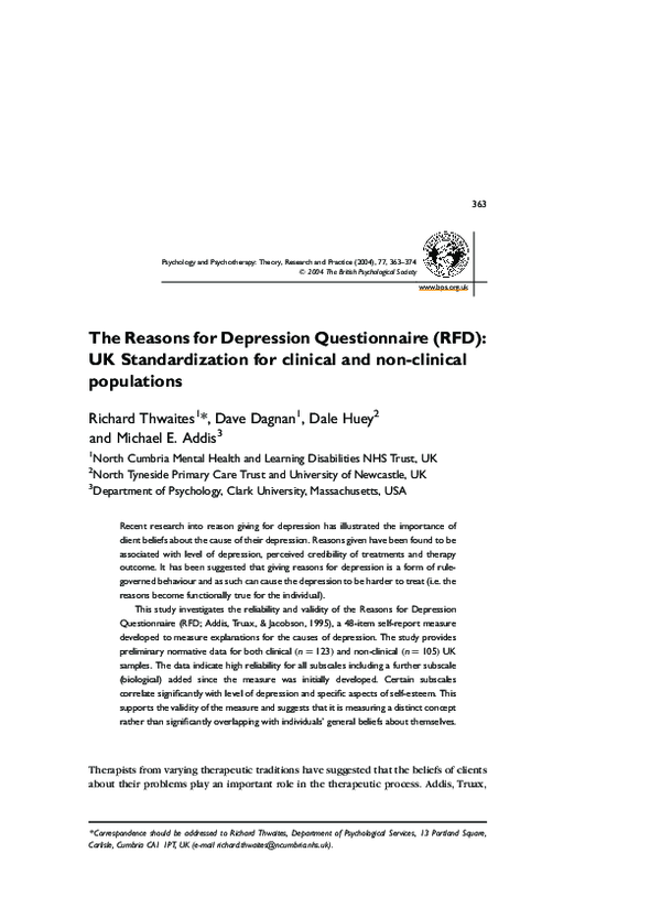 (PDF) The Reasons for Depression Questionnaire (RFD): UK ...