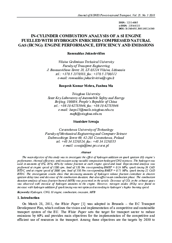 (PDF) In-Cylinder Combustion Analysis of a SI Engine Fuelled with Hydrogen Enriched Compressed ...