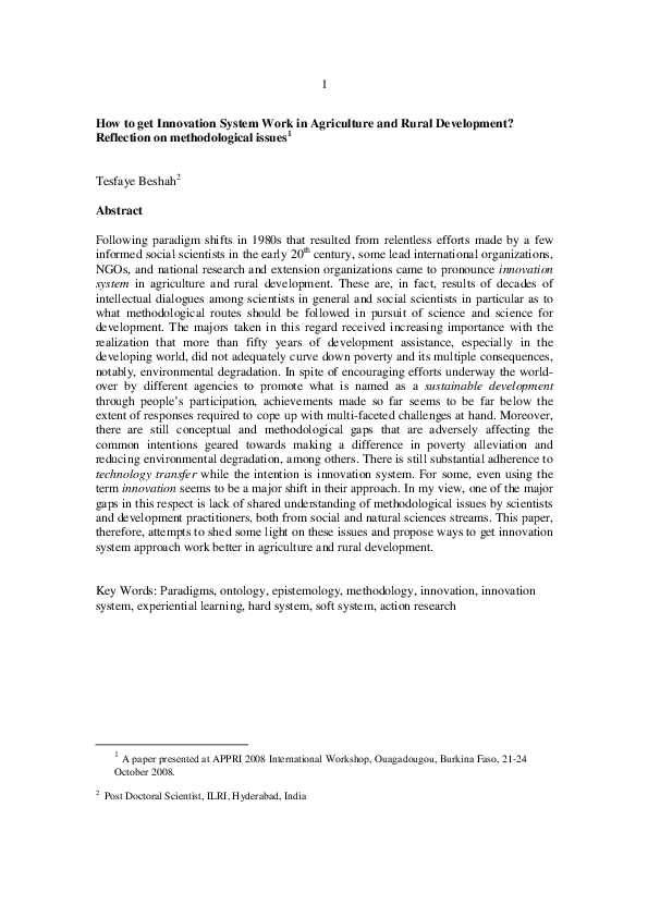 (PDF) How to get Innovation System Work in Agriculture and Rural ...