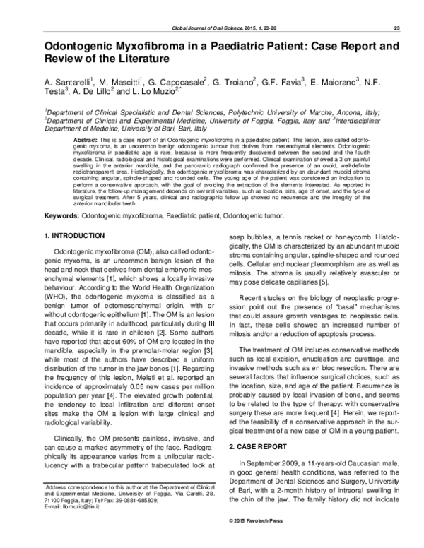 (PDF) Odontogenic Myxofibroma in a Paediatric Patient: Case Report and ...