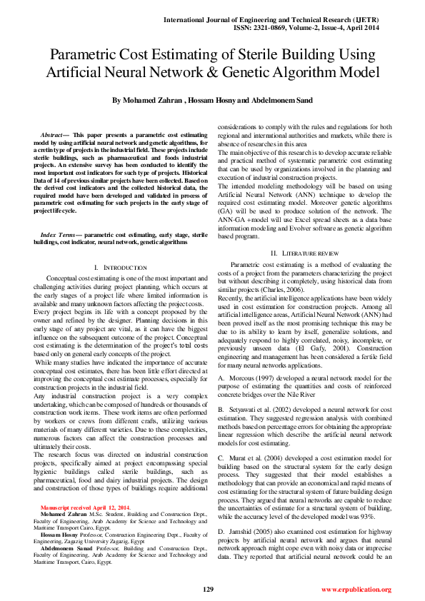 (PDF) Parametric Cost Estimating of Sterile Building Using Artificial ...