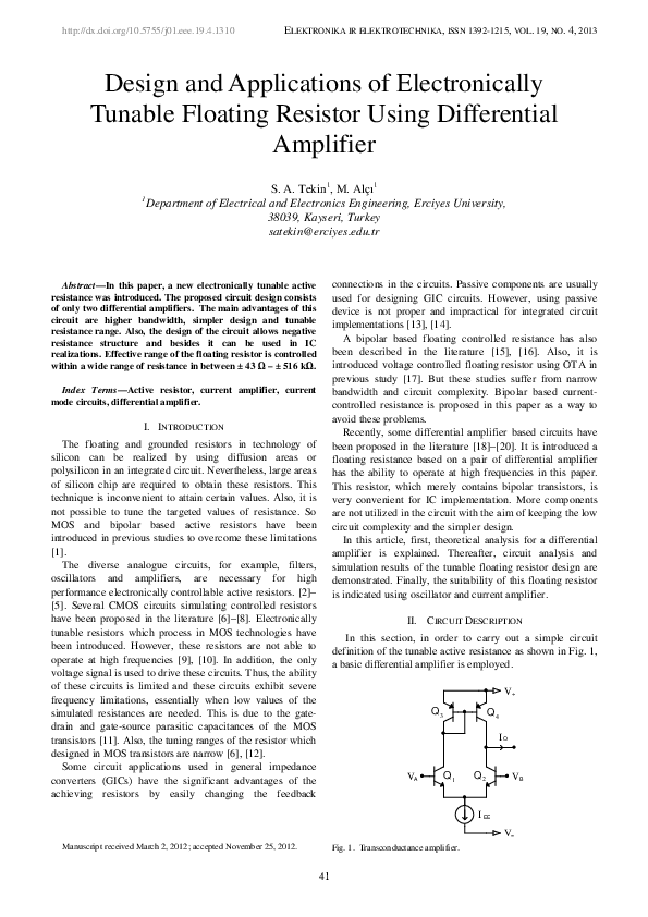 Pdf Design And Applications Of Electronically Tunable Floating Resistor Using Differential