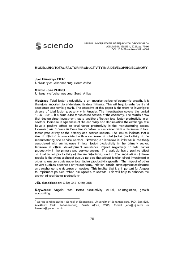 (PDF) Modelling Total Factor Productivity in a Developing Economy
