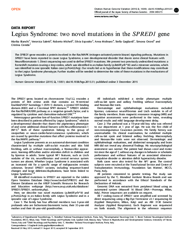 (PDF) Legius Syndrome: two novel mutations in the SPRED1 gene