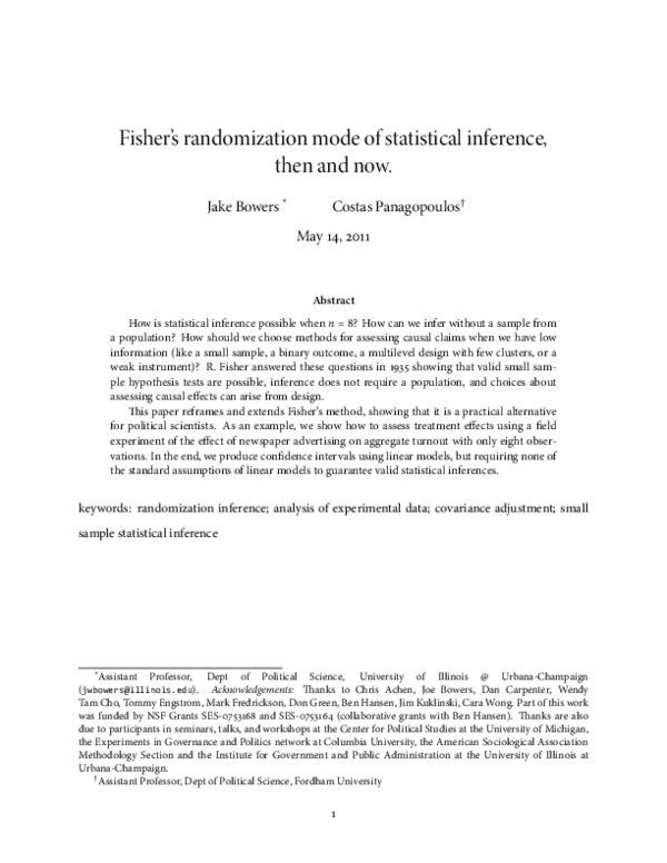 (PDF) Fisher’s randomizationmode of statistical inference, then and now