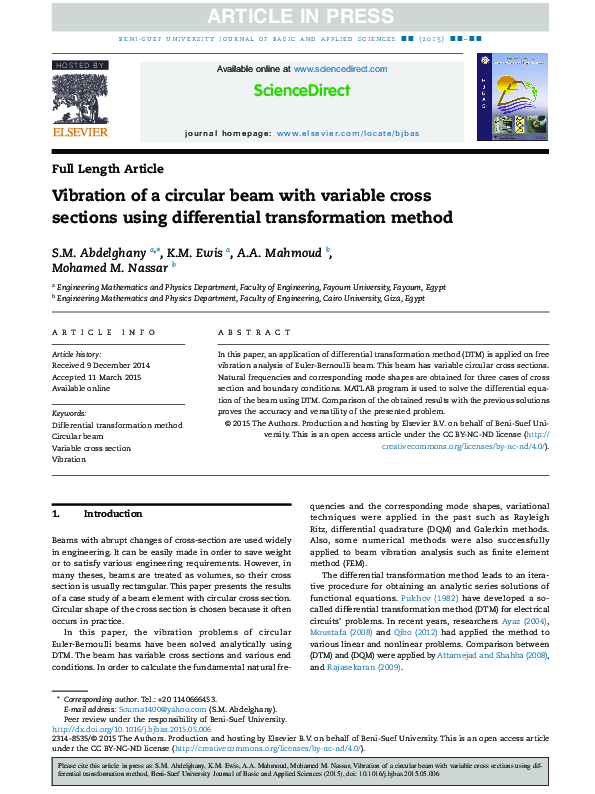 (PDF) Vibration of a circular beam with variable cross sections using differential ...