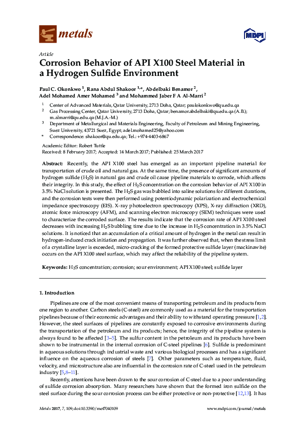 Pdf Corrosion Behavior Of Api X100 Steel Material In A Hydrogen Sulfide Environment