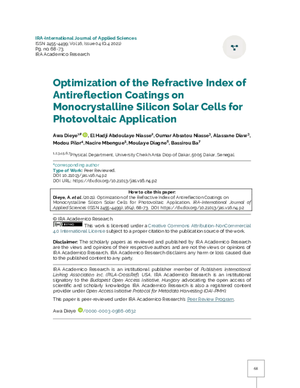 (PDF) Optimization of the Refractive Index of Antireflection Coatings on Monocrystalline Silicon ...