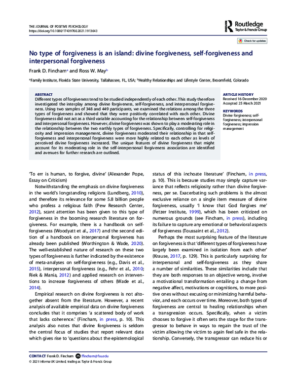 (PDF) No type of forgiveness is an island: divine forgiveness, self ...