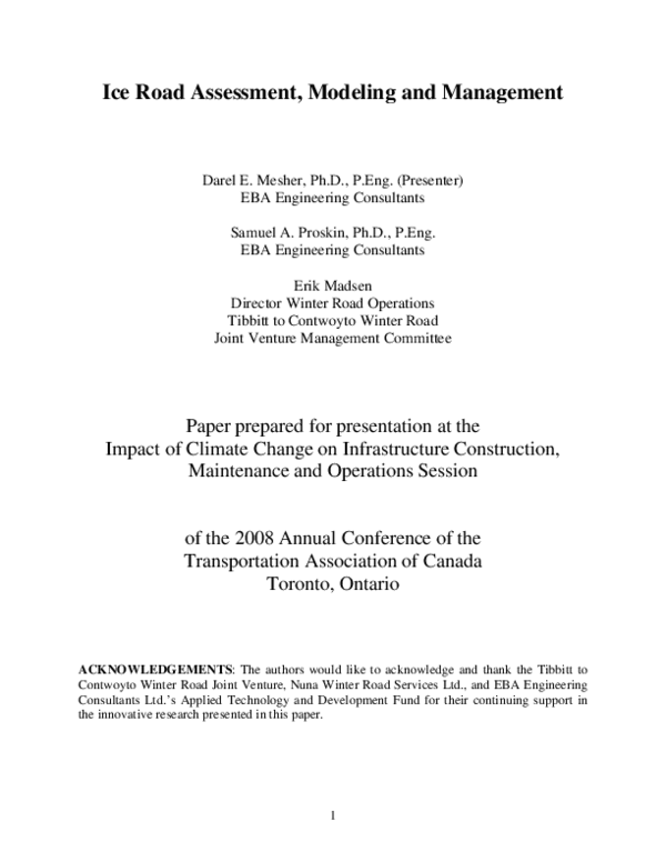 (PDF) Ice Road Assessment, Modeling and Management